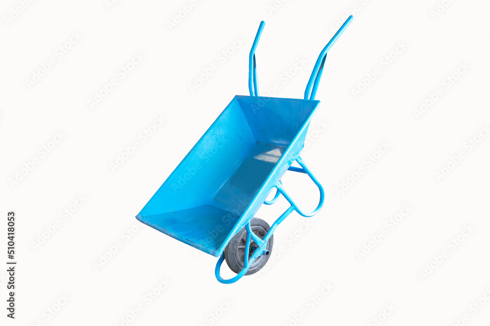 Blue construction concrete wheelbarrow isolated on white background ...