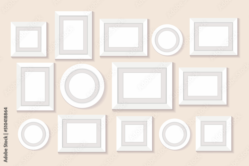Frame collage on wall. Blank pictures, empty photo frame. Isolated ...