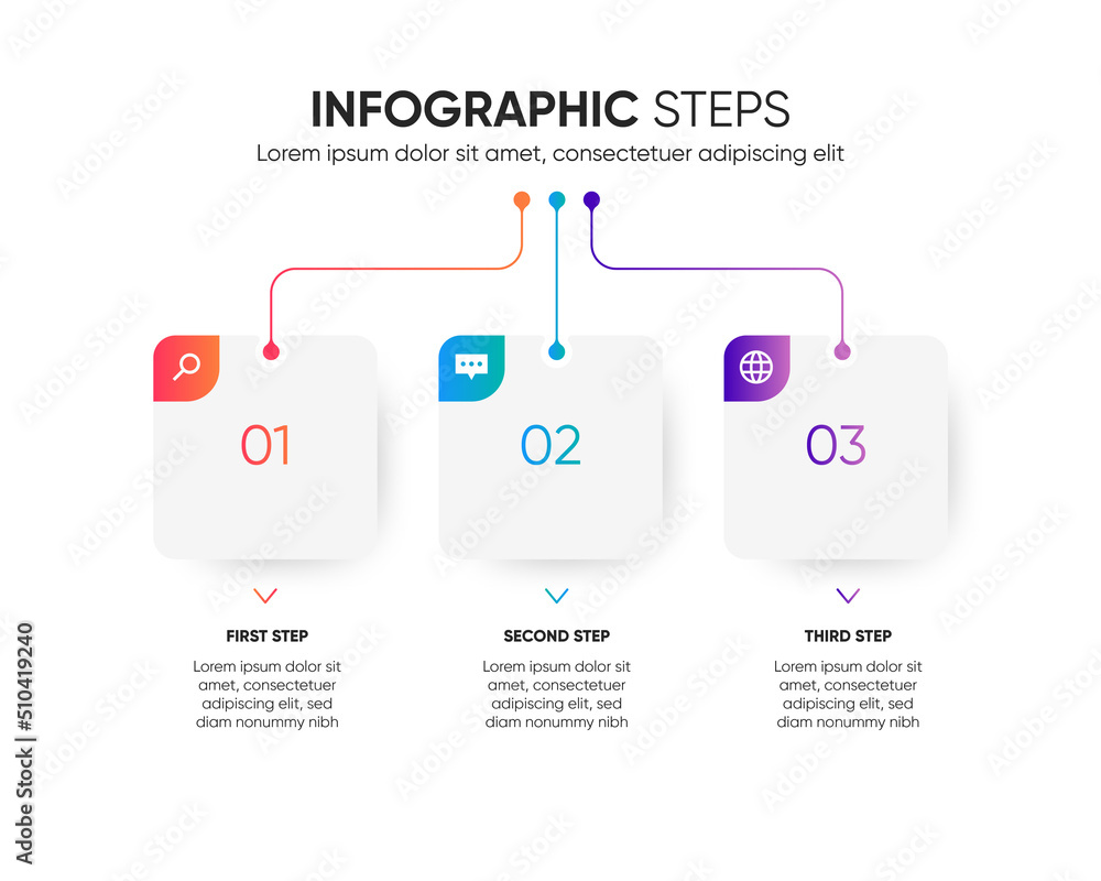 Simple infographic square 3 steps design. Colorful steps option with ...