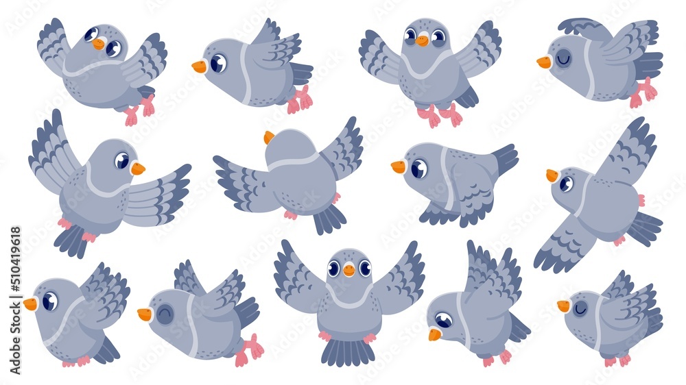 Flying pigeon. Cartoon bird character in flight, cute mascot with funny ...