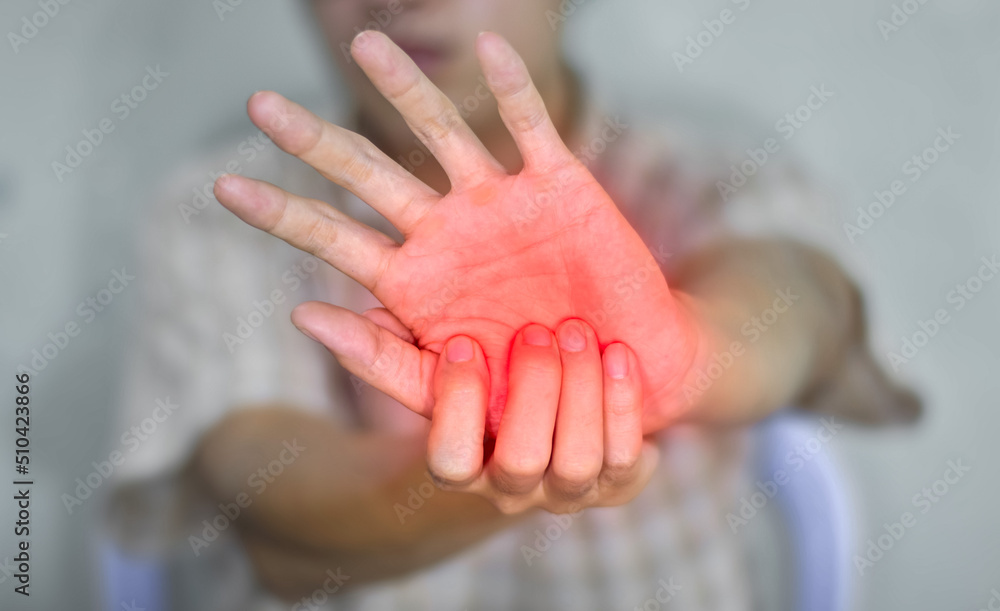 Painful palm of Asian man. Concept of compartment syndrome, cellulitis ...