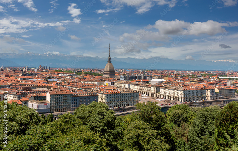 Turin, Piedmont, Italy - cityscape seen from above with piazza Vittorio ...