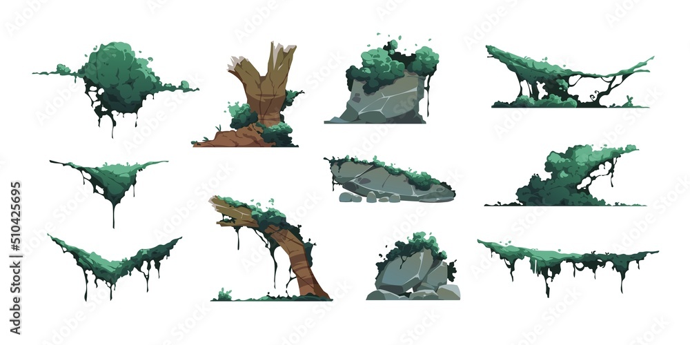 Cartoon moss. Swamp green lichen and fungus on old logs and rocks, game ...