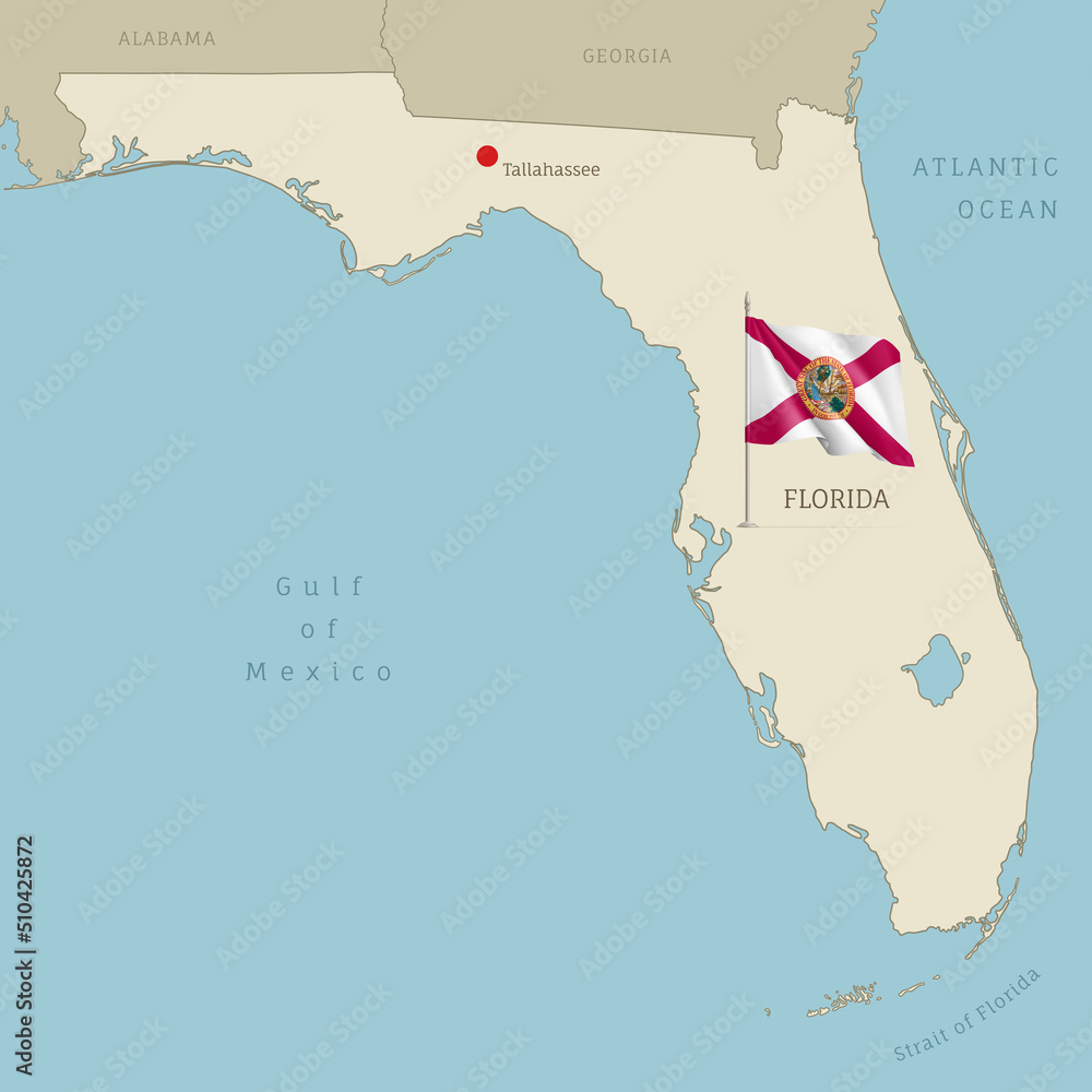 Highly detailed map of Florida with waving flag. Editable map of ...