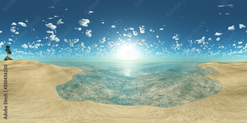 Stockillustratie Tropical island with a palm tree at sunset. HDRI ...