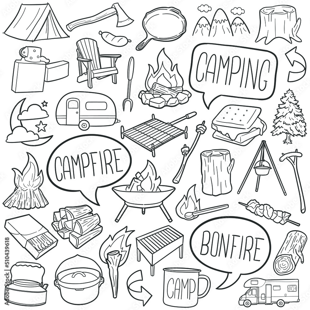 Campfire Doodle Icons. Hand Made Line Art. Camping Fire Clipart ...
