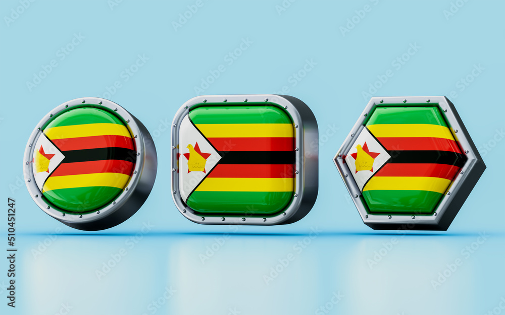 3d render Flag signs of Zimbabwe in three different shape frame, circle ...