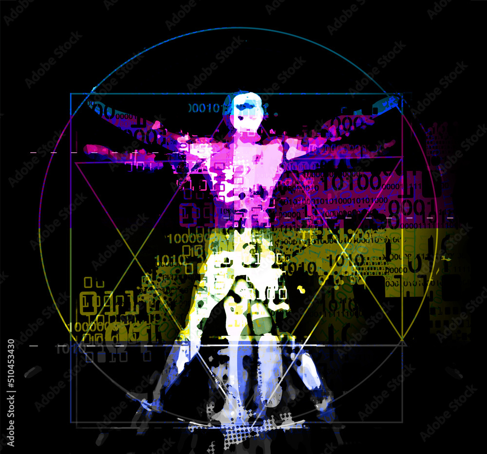 Vitruvian man with binary codes on CMYK color stripes background. Futuristic expressive ...