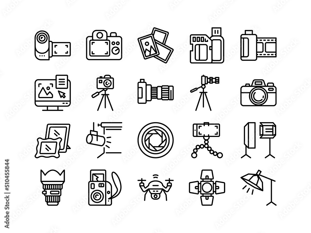 Photography pictograms. Line video and photo equipment icons. Outline ...