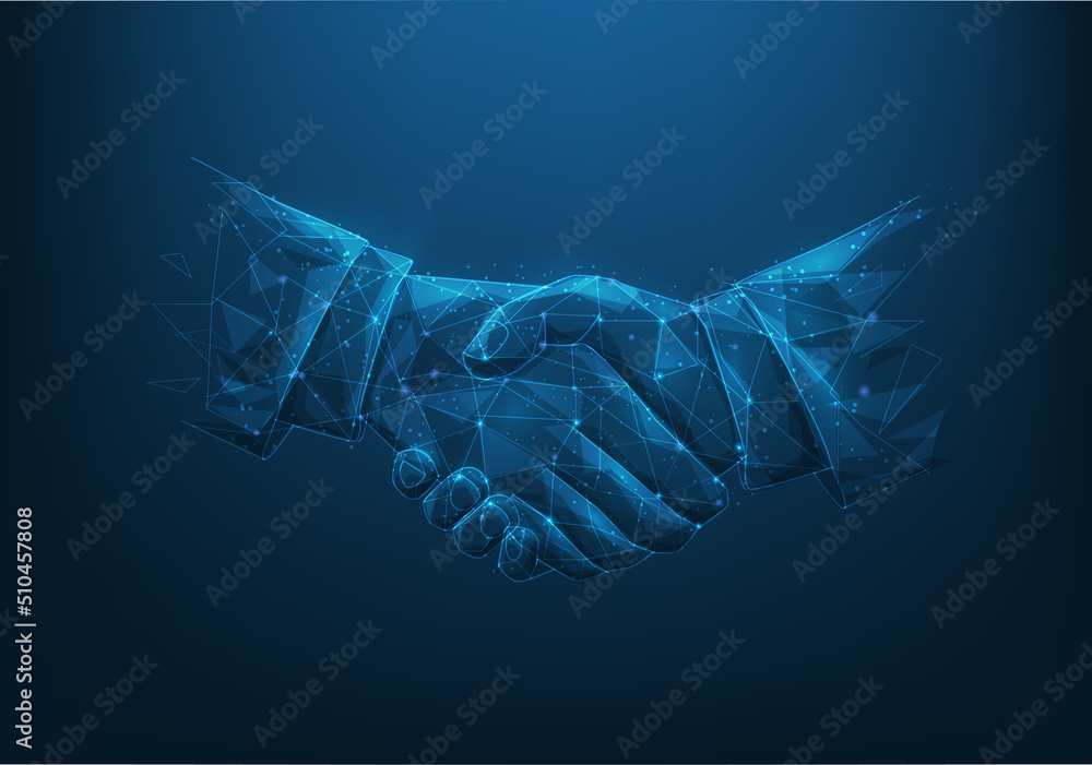 business shake hands low poly wireframe on dark blue background ...