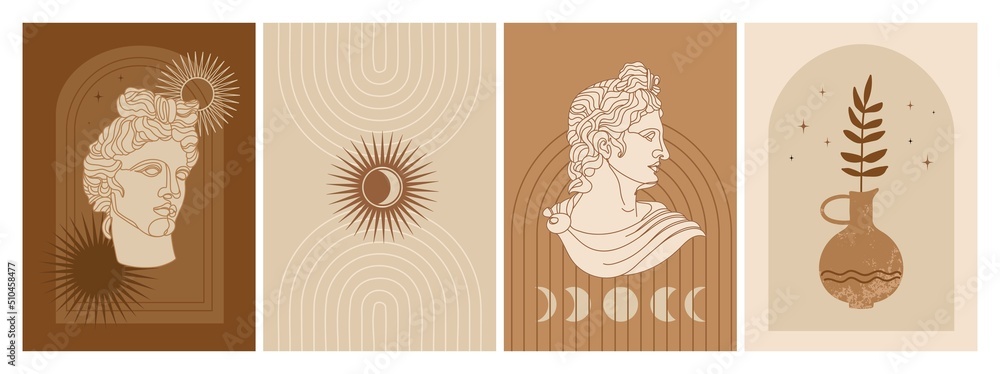 Set of abstract posters with antique god statue, abstract shapes ...