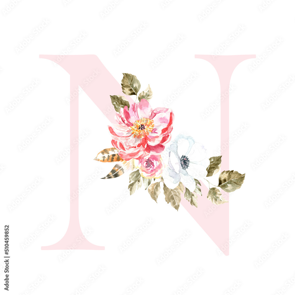 Watercolor Pink Animals Floral Alphabet letter N with cute watercolor ...