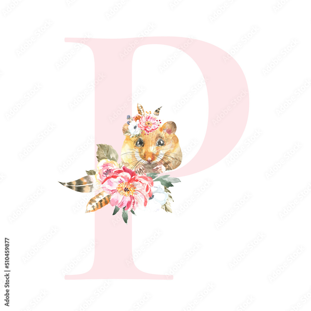 Watercolor Pink Animals Floral Alphabet letter P with cute watercolor ...