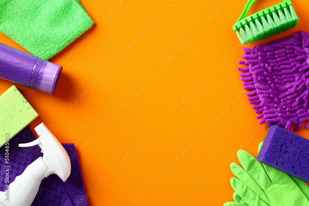 Cleaning service banner design. Frame made of cleaning items and ...