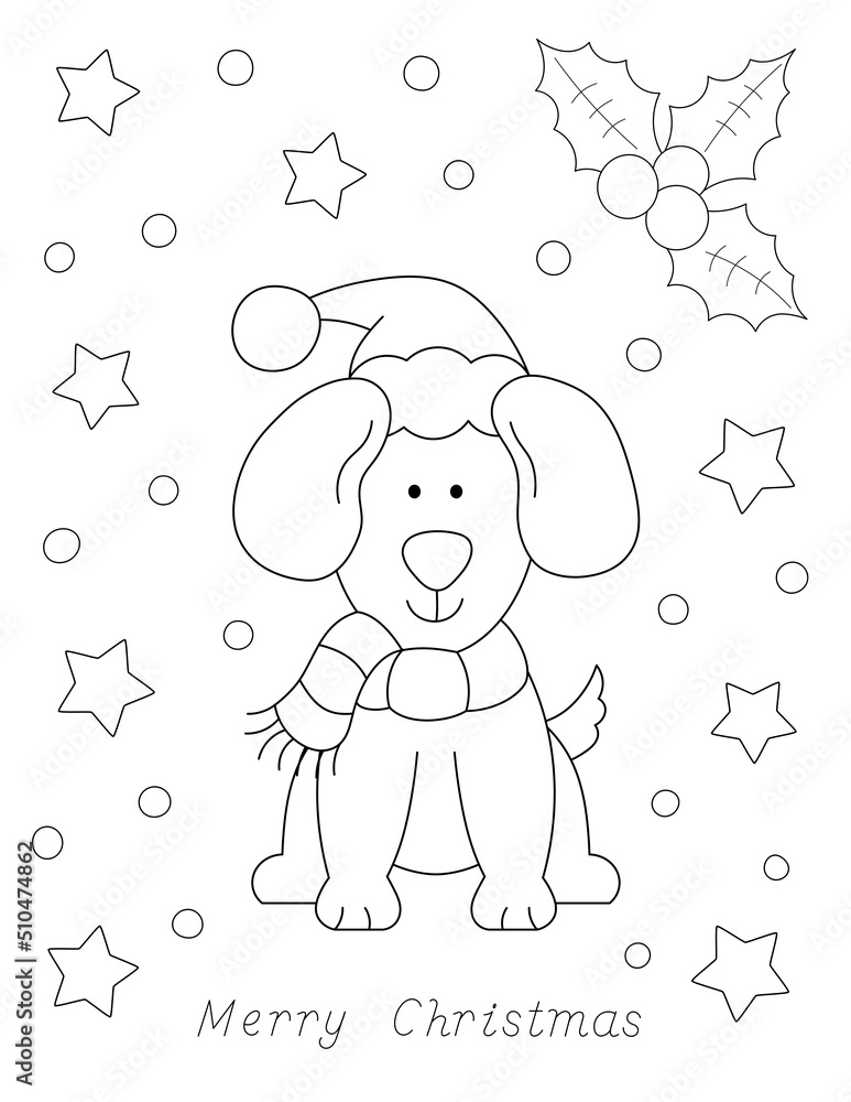 cute design of a christmas coloring page for kids with a dog with a ...