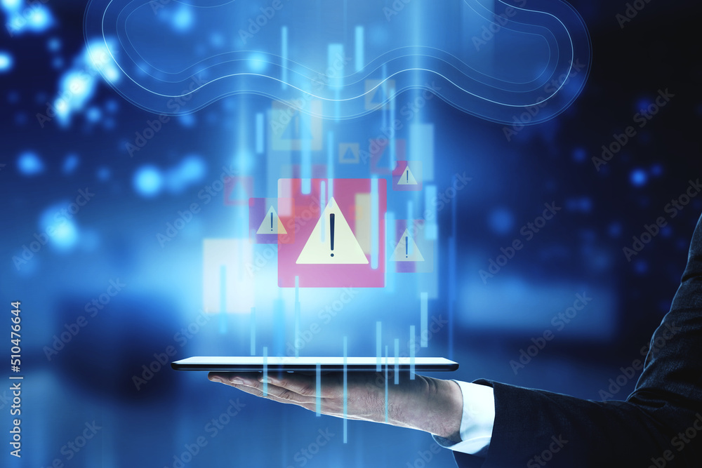 businessman hand holding tablet with abstract cloud computing error ...
