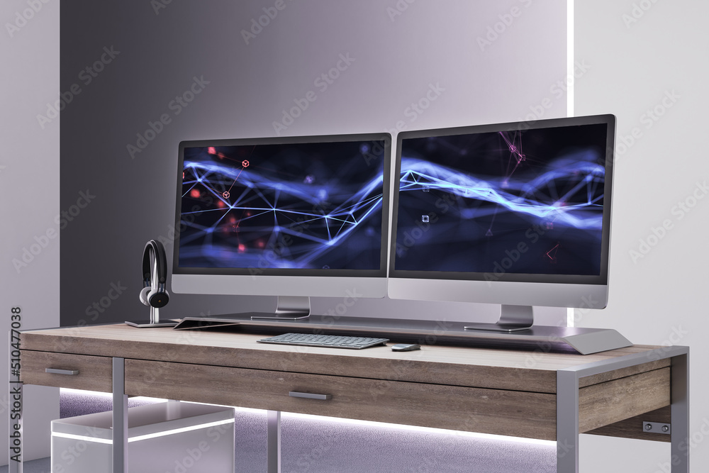 Light concrete office interior with workplace, equipment and tech ...