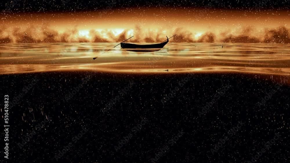 Boat in black sea on background of stars and clouds. Design. Fabulous ...