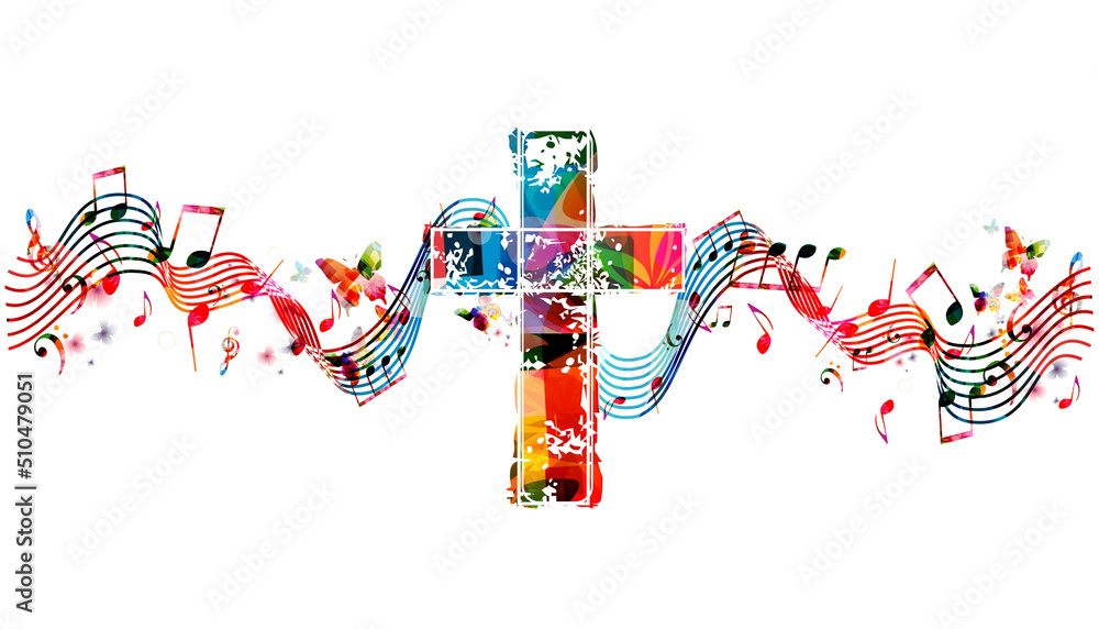 Christian cross with musical notes stave isolated vector illustration ...