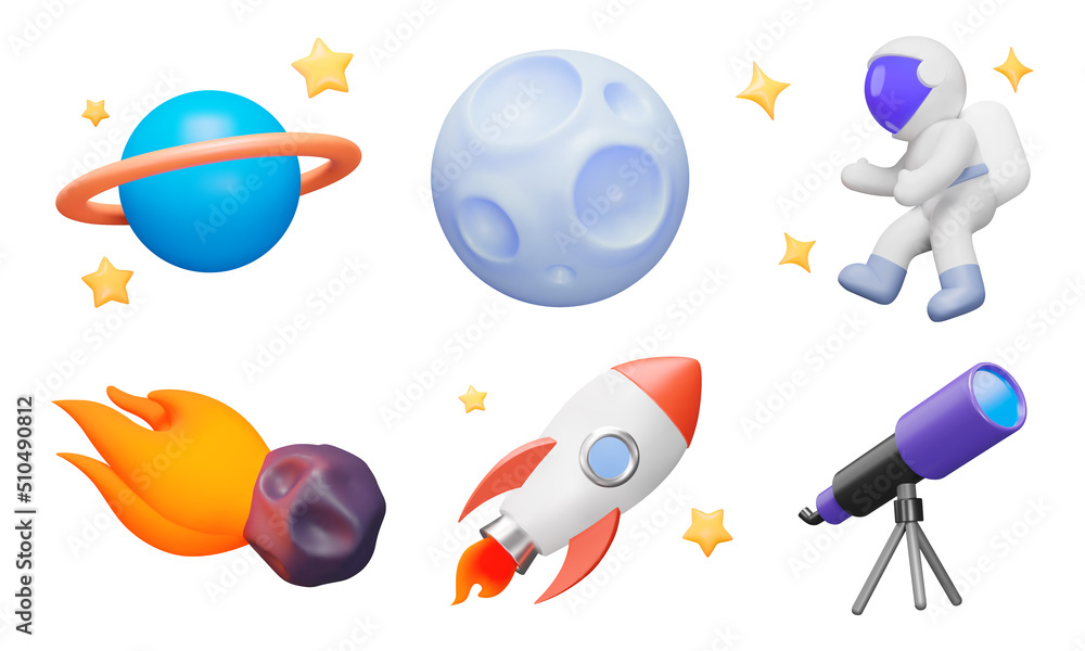 Space icon set. Space objects, astronaut, stars, telescope, rocket, and ...