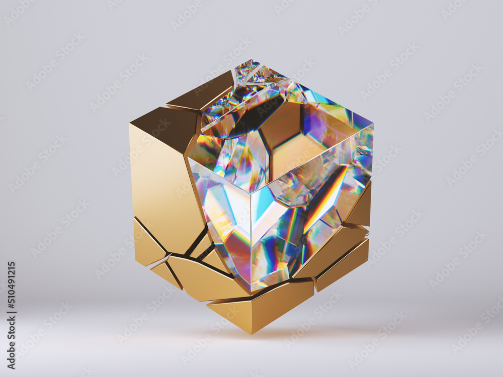 3d render, abstract cracked gold cube split into crystal and golden ...
