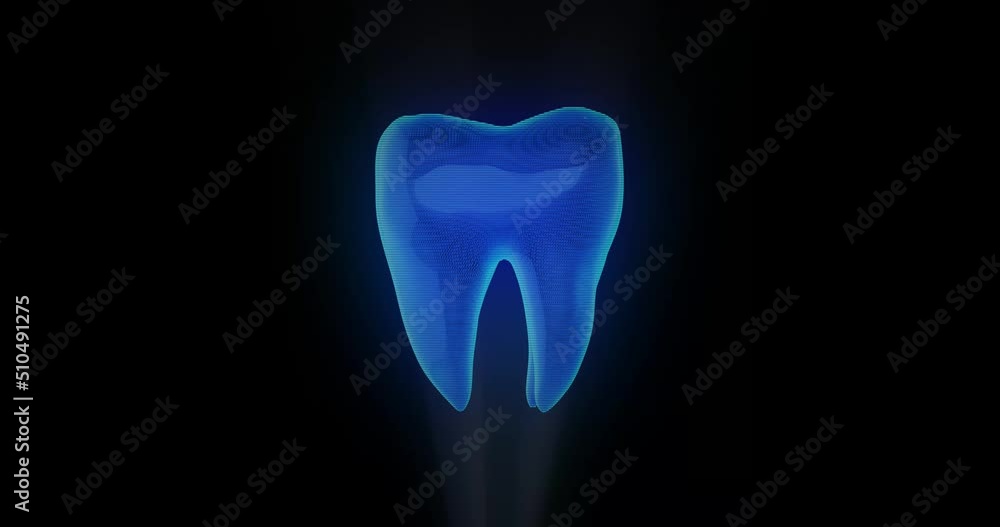 Holographic projection of human blue tooth rotates on black background ...