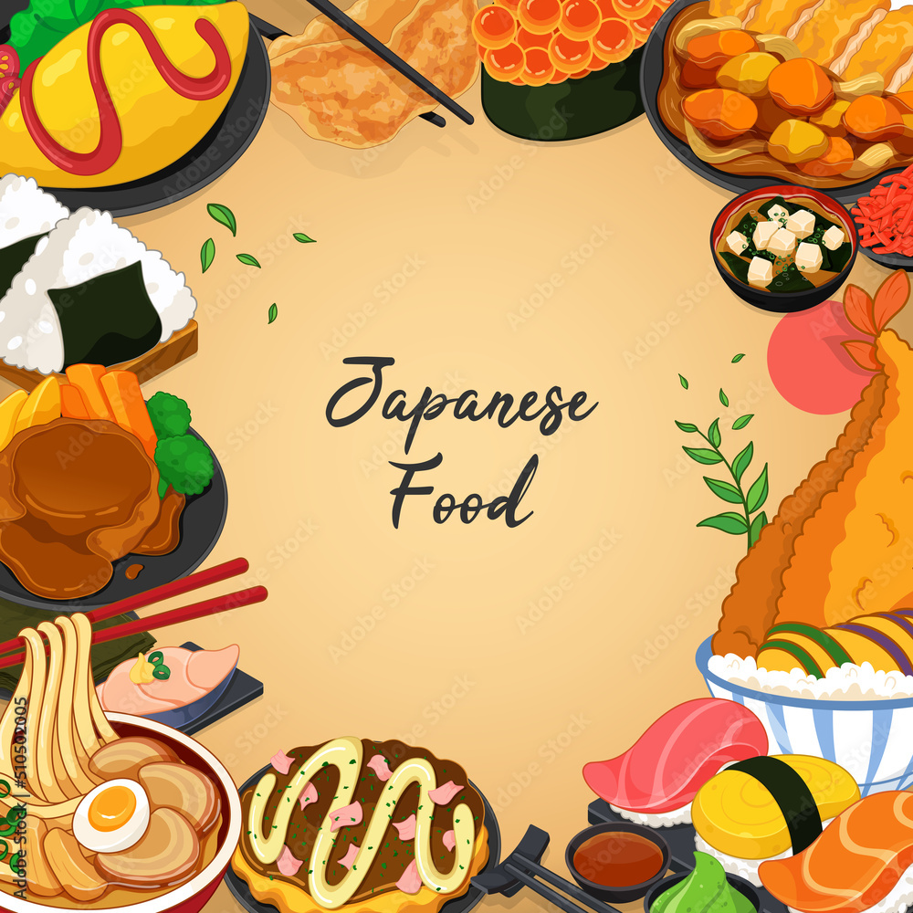 Traditional japanese meal set frame (Omelet, Sushi, Katsu curry rice ...