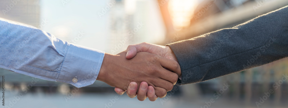Banner Trust honesty business customer handshake together promise partner. Panorama Businessman ...