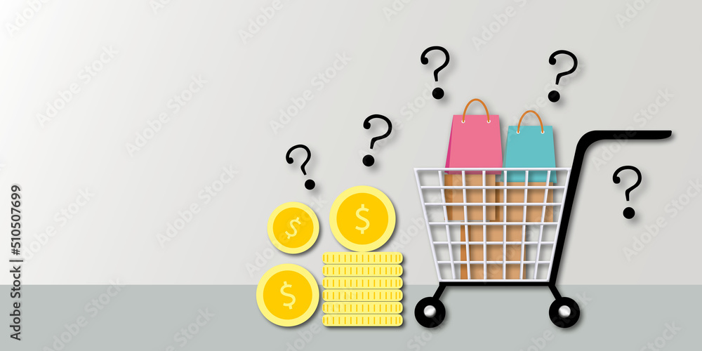 Question mark with coins, shopping cart, boxes and paper bags on white ...