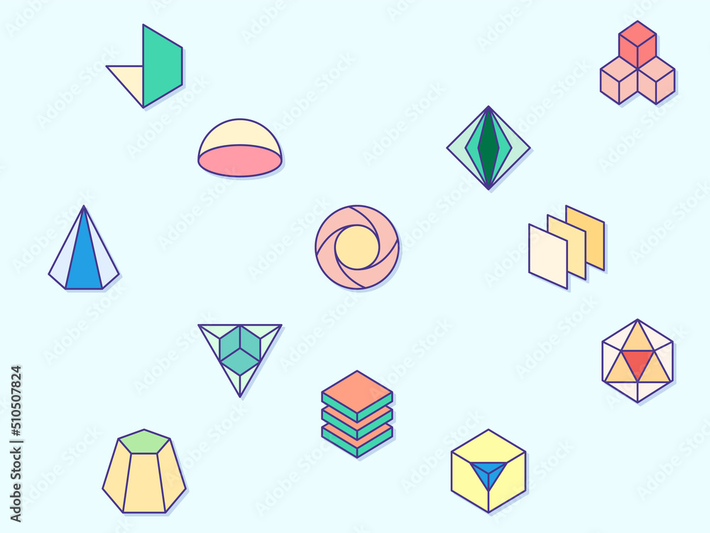 Vector illustration of a 3D Shapes and geometric elements. Contains ...