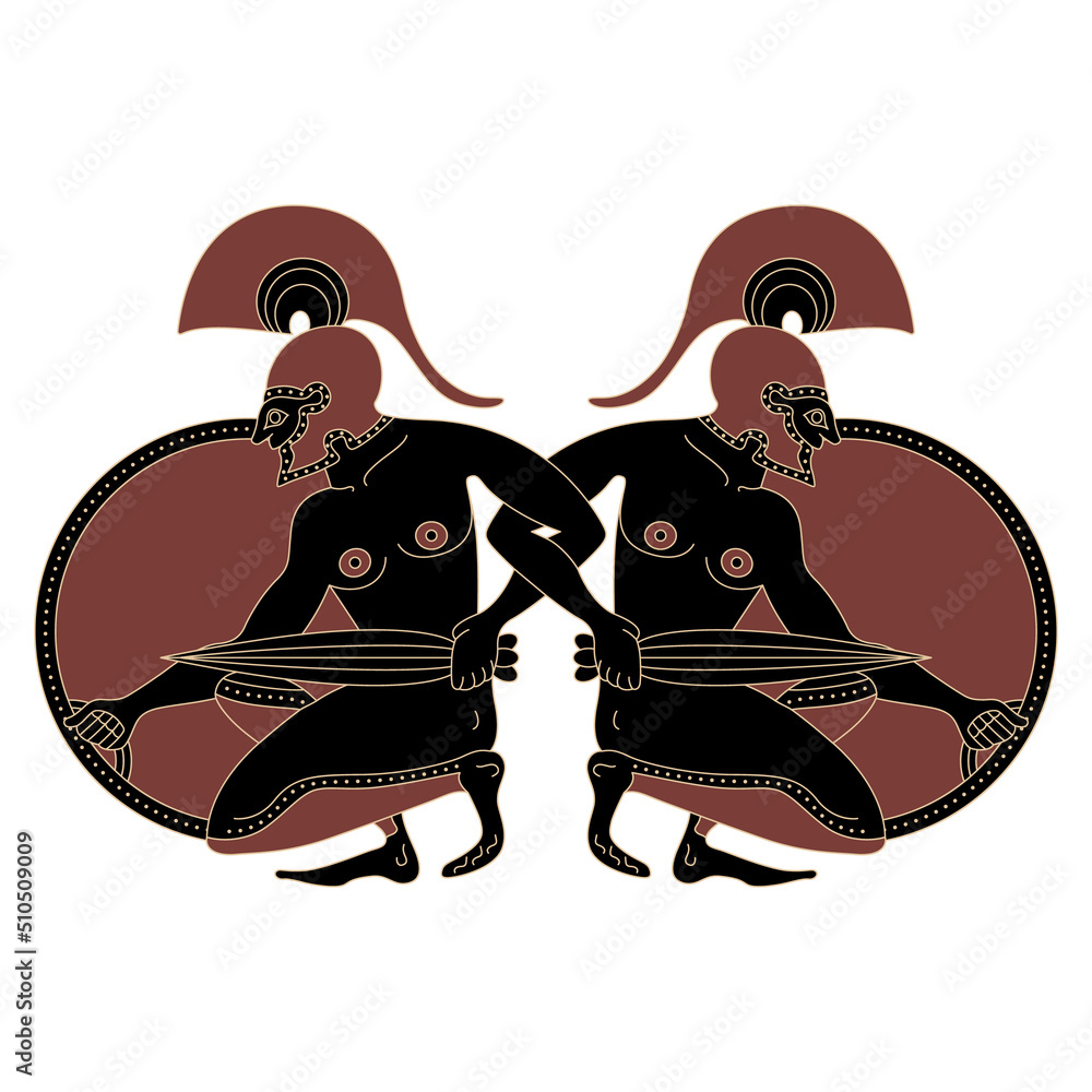 Symmetrical design with two seated ancient Greek warriors in helmets ...