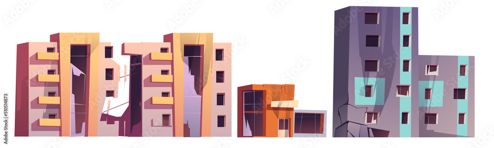 Destroyed city buildings after natural disaster, war or apocalypse ...