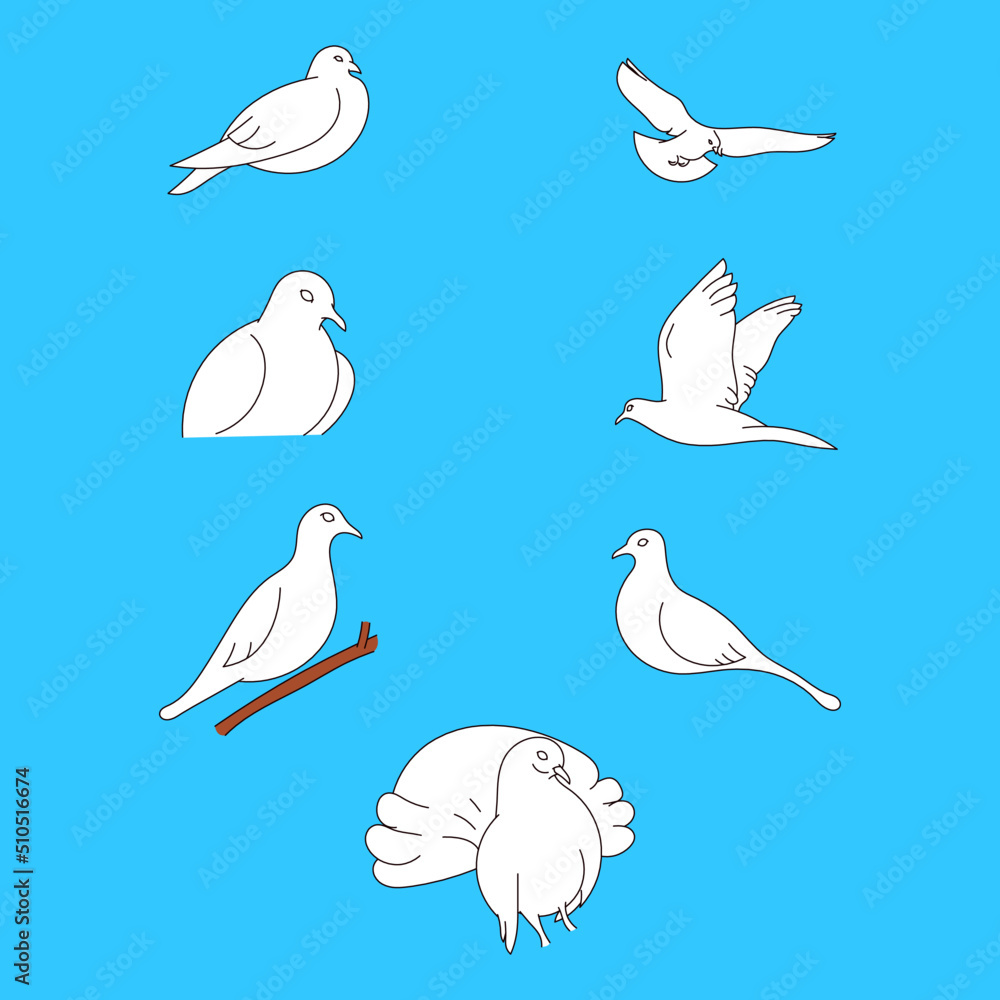 Set of Seven white doves line art illustration on blue background ...