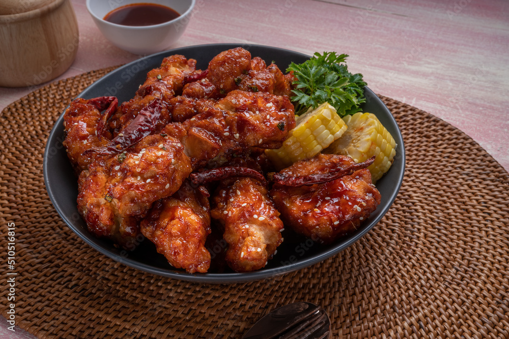 Gang Jeong chicken or crispy and tender Korean fried chicken smothered ...