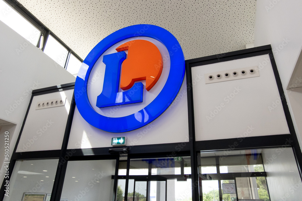 E.Leclerc supermarket Sign text and logo brand of leclerc store outdoor ...