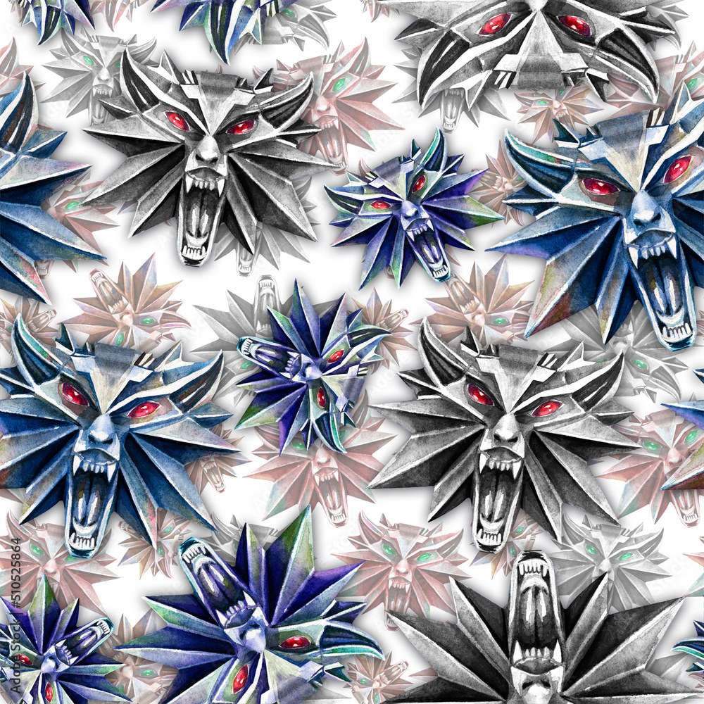 Witcher amulet pattern on a white background from different metals ...