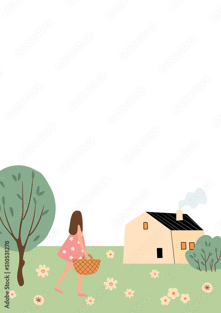 girl in the forest meadow illustration, woodland frame clipart, cute ...