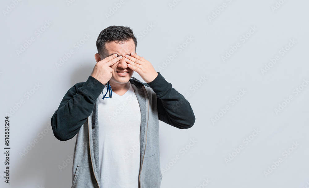 Person with visual fatigue isolated, Man with glasses with visual ...
