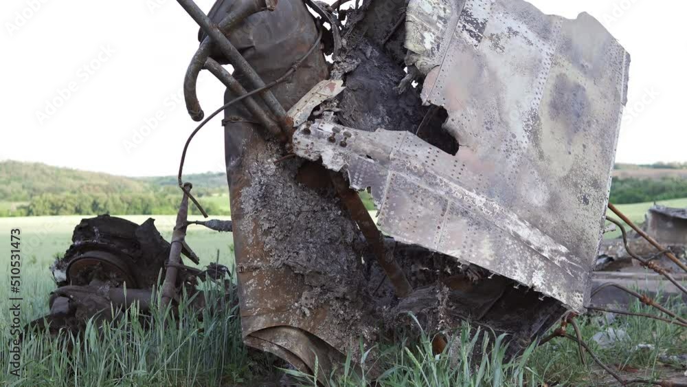 Downed military transport aircraft. The remains of a burned-out ...