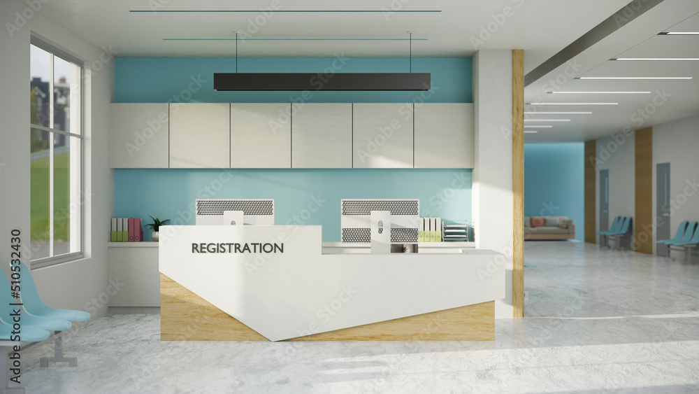 Modern bright and clean hospital or clinic reception waiting room area ...