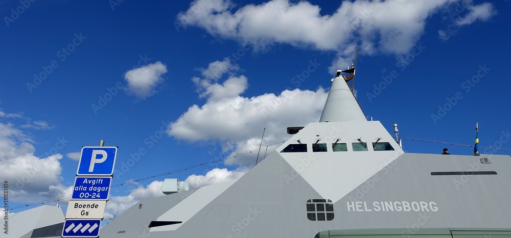 Stockholm, Sweden, June 4, 2022: a glimpse of a battleship docked at ...