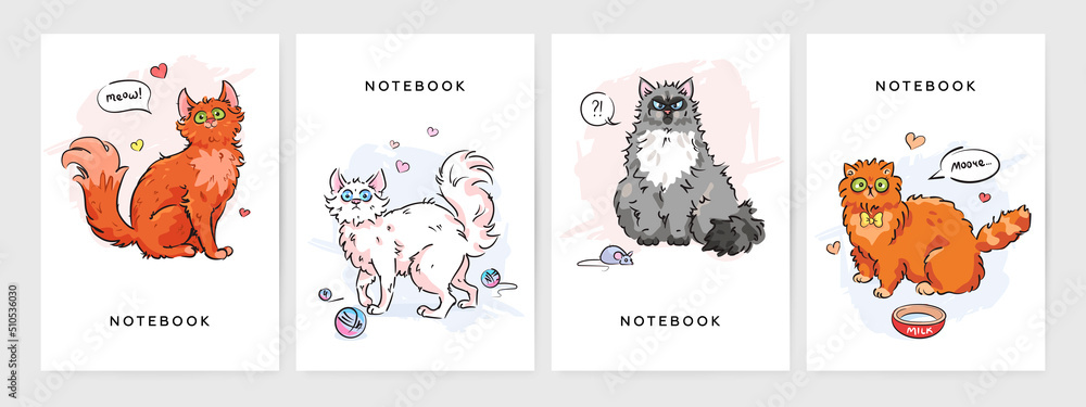 Cover page notebook collection templates with hand drawn cats. Vector ...