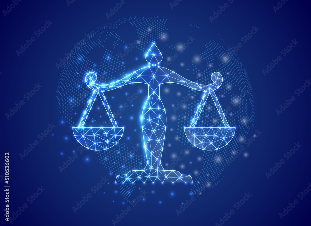 Scales 3d low poly symbol with blue world map background. Justice ...