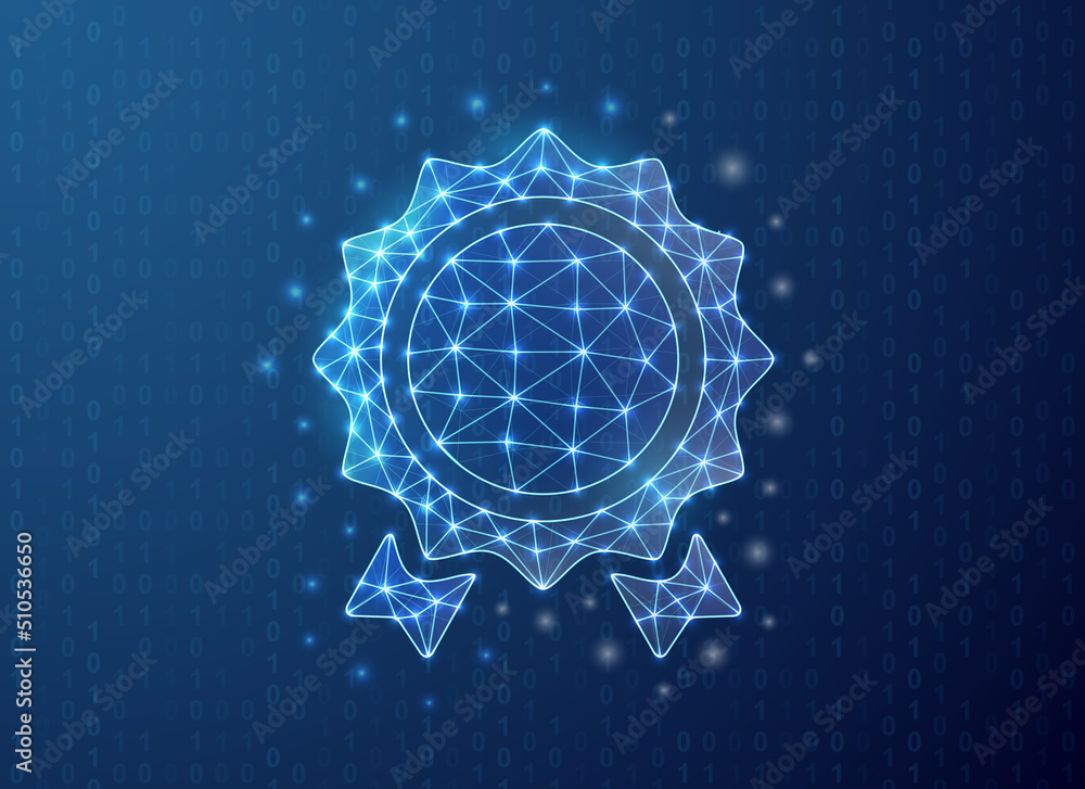 Award medal polygonal symbol with binary code background. Approved concept design vector ...