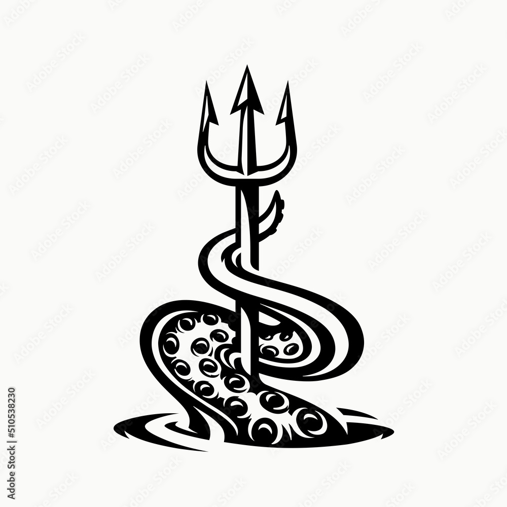 Tentacle and trident vector illustration. Kraken spear icon. Octopus ... Tentacle and trident vector illustration. Kraken spear icon. Octopus ...
