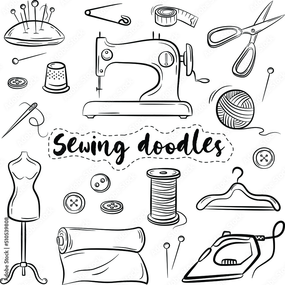 Sewing doodle icons hand drawn. Vector outline illustration. Tailoring ...