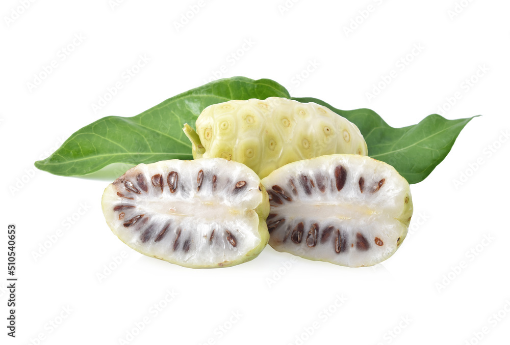 Noni or Morinda Citrifolia fruits with sliced and green leaf isolated ...