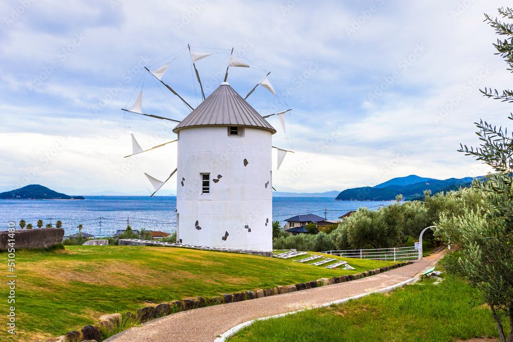 Greek windmill in Shodoshima Olive Park, Shikoku, Japan. Stock Photo ...