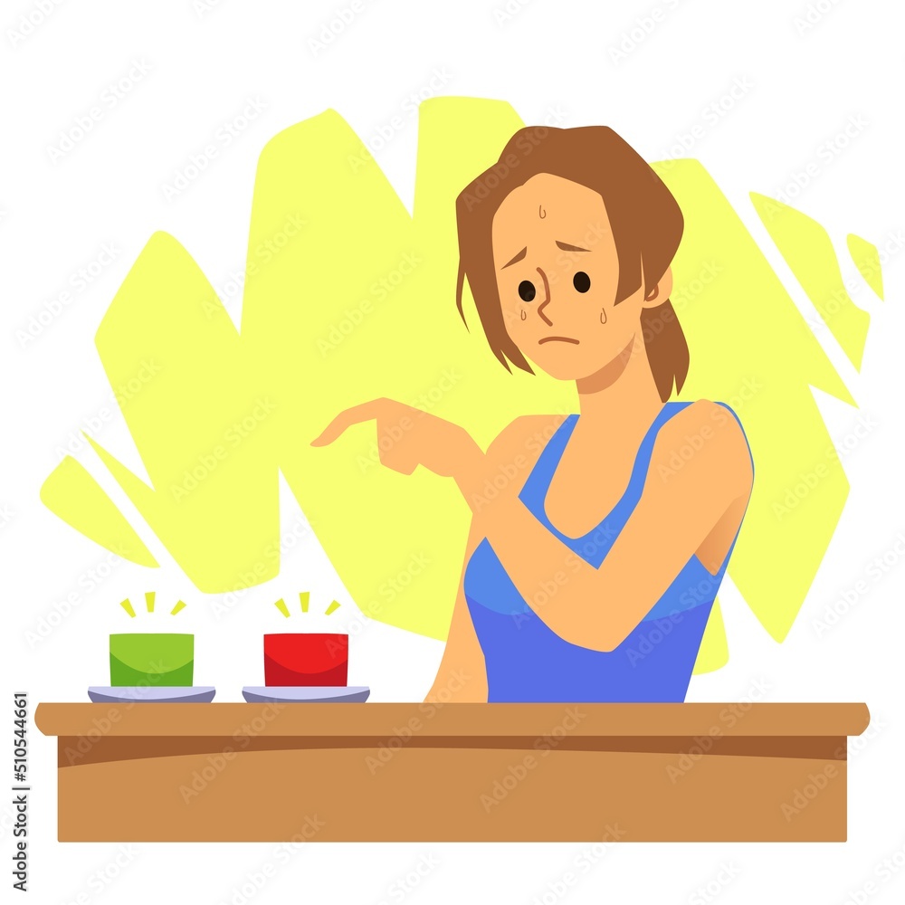 Woman choosing the right button, flat cartoon vector illustration ...