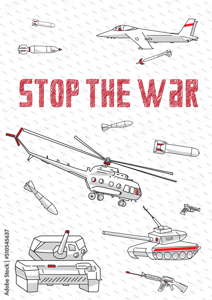 Big banner with stop war motto. Outline icons of weapon, graphic of ...